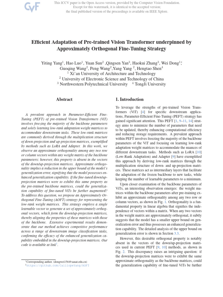 Yang Efficient Adaptation of Pre-Trained Vision Transformer Underpinned ...