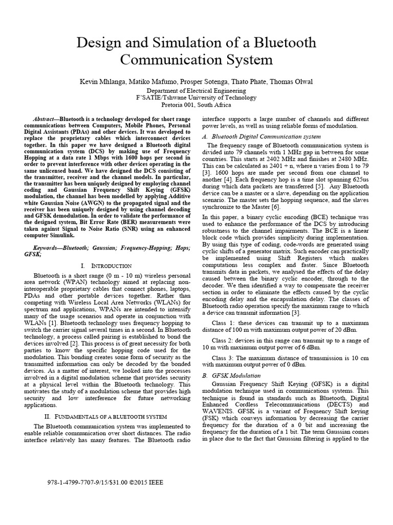 Design and Simulation of a Bluetooth Communication System | PDF ...