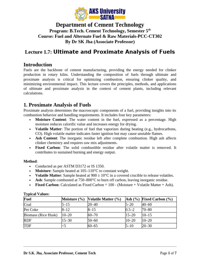 1.7 Ultimate and Proximate analysis of fuels | PDF | Cement | Combustion