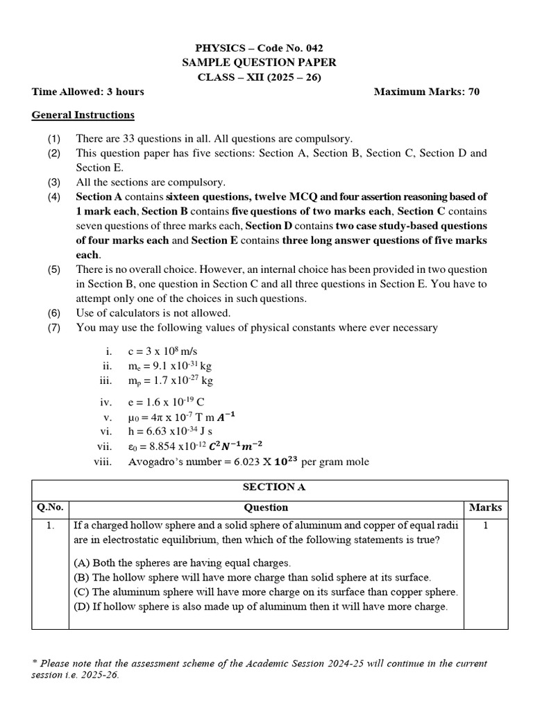 CBSE Class 12 Physics Sample Question Paper 2025-26 | PDF