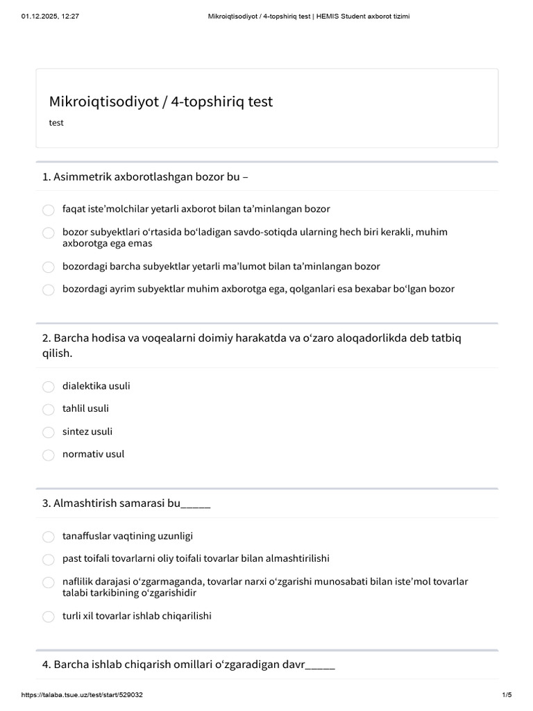 Mikroiqtisodiyot - 4-Topshiriq Test - HEMIS Student Axborot Tizimi | PDF