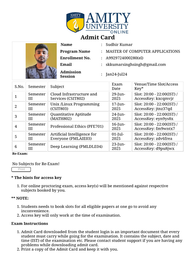 Mca 3rd Sem Admit Card | PDF | Identity Document | Software