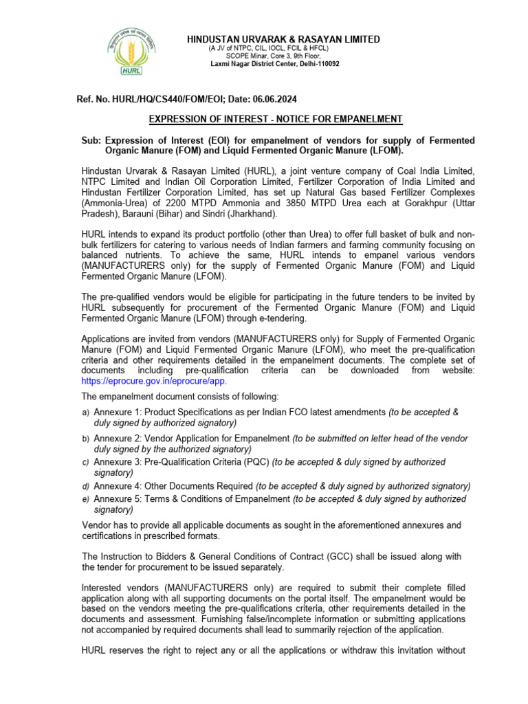EOI for Vendor Empanelment: FOM & LFOM | PDF | Fertilizer