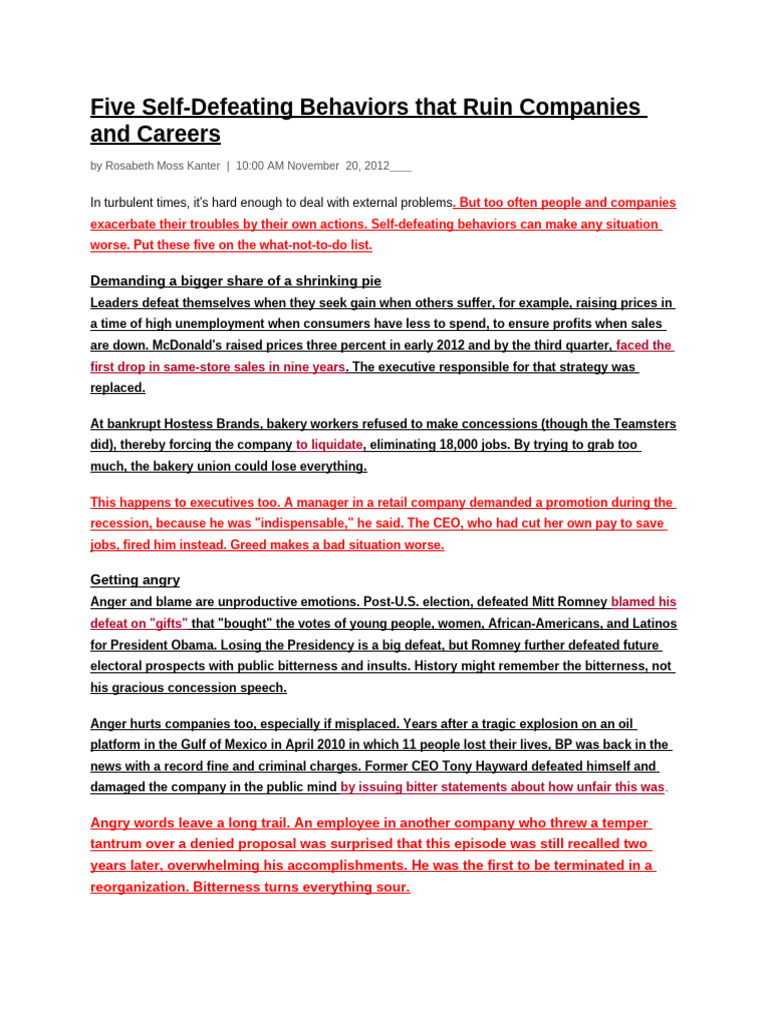 5 Self-Defeating Behaviours That Ruin Companies & Careers | PDF