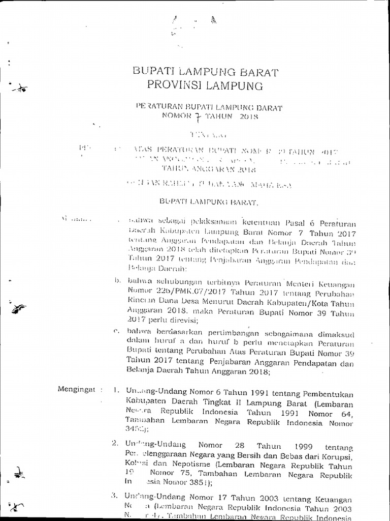 PERBUP LAMBAR 07.2018 PERUBAHAN PERBUP 39.2017 PENJABARAN APBD TA 2018 ...