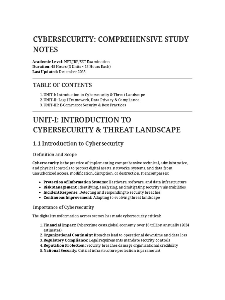 Cybersecurity Complete Notes | PDF | Denial Of Service Attack | Security