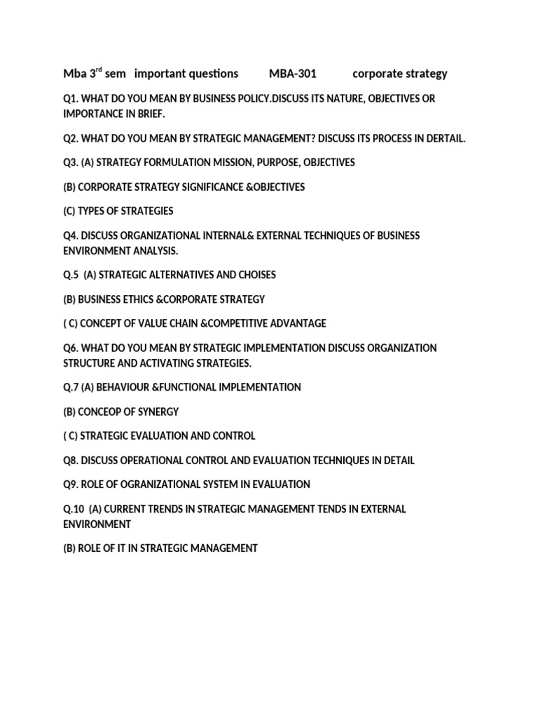 MBA 301 Corporate Strategy Key Questions | PDF | Strategic Management ...