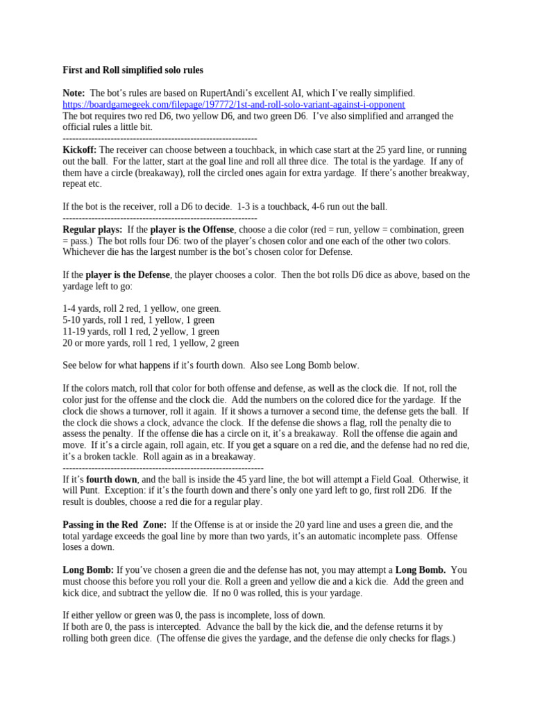First_and_Roll_simplified_solo_rules | PDF | Team Sports | American ...