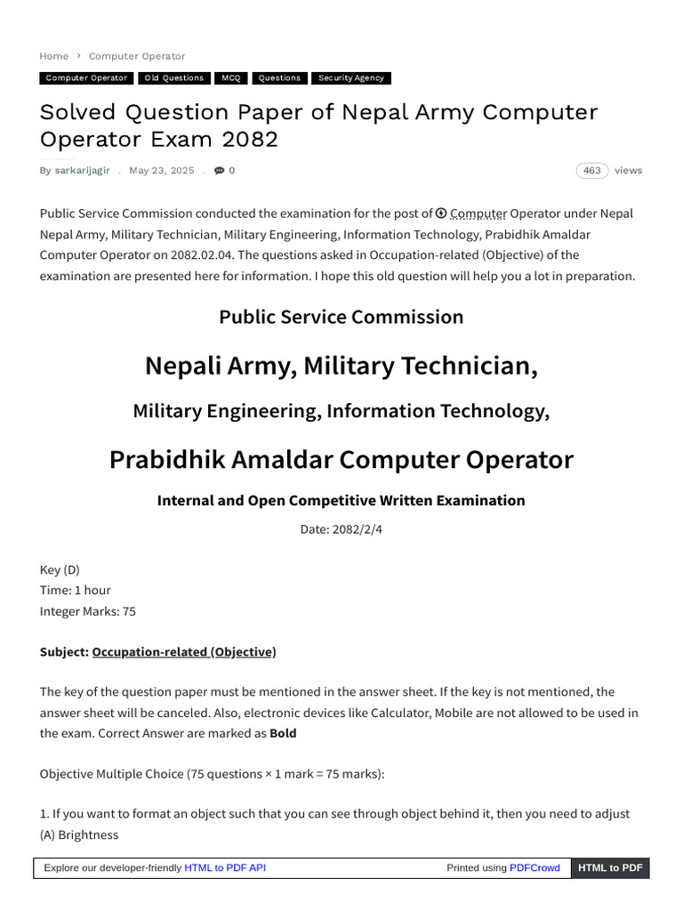 Sarkarijagir Com Solved Question Paper of Nepal Army Compute | PDF ...