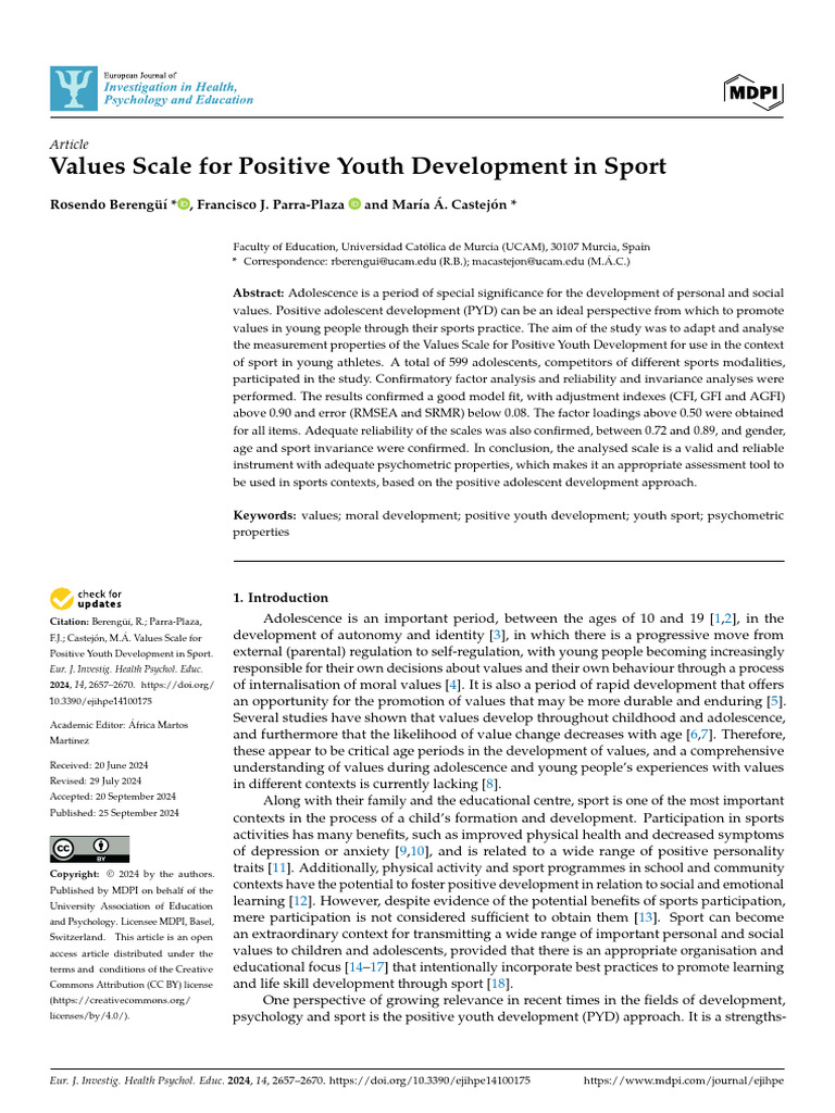 Values Scale for Positive Youth Development in Spo | PDF | Behavioural ...