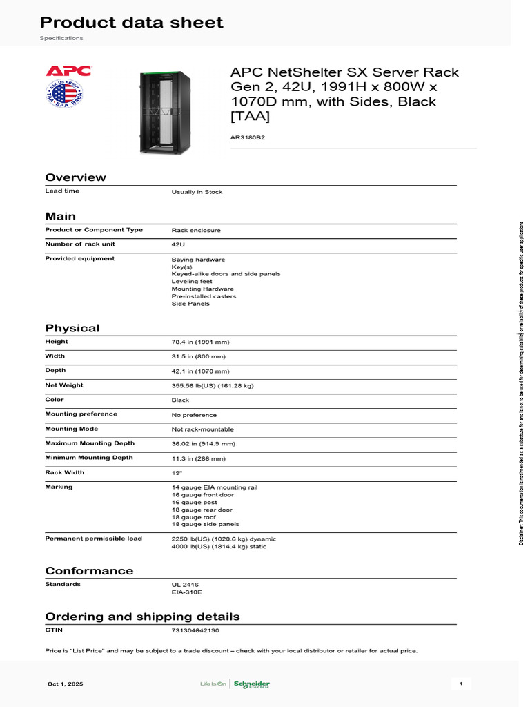 Schneider Electric APC NetShelter SX Enclosures AR3180B2 | PDF