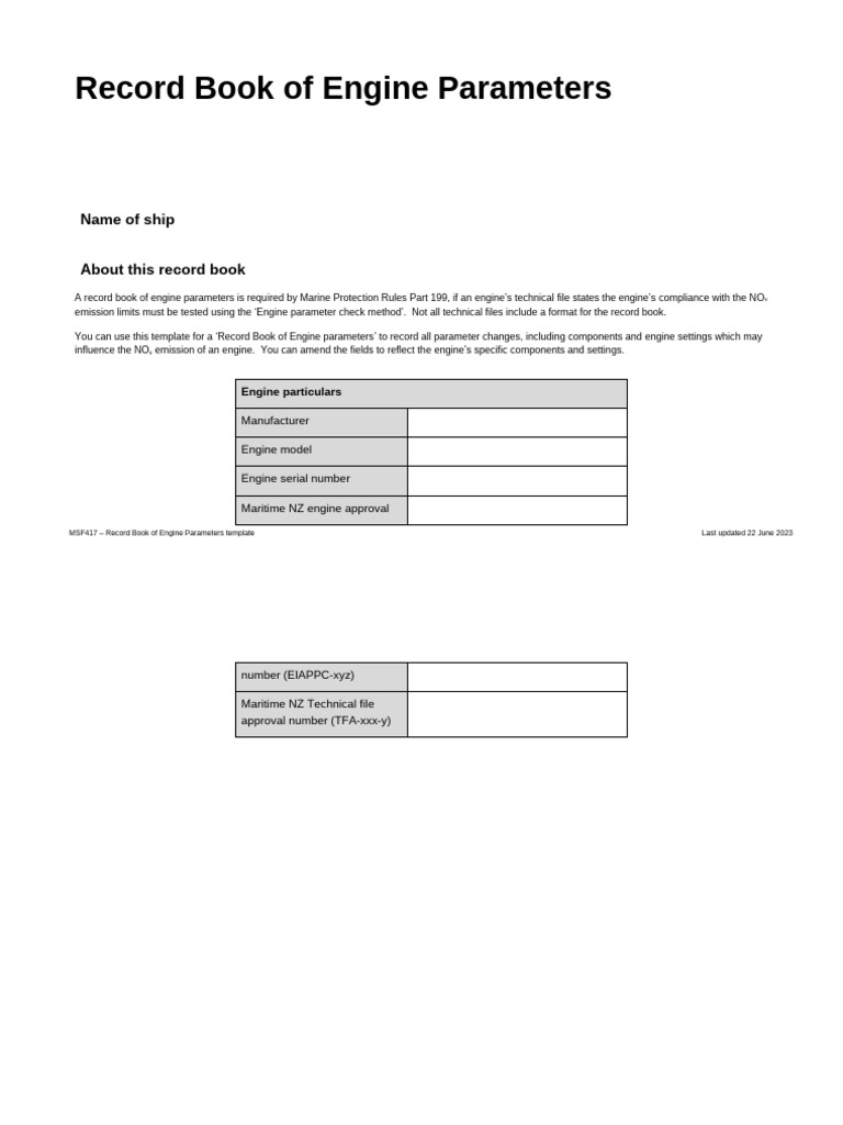 Engine Parameters Record Book Template | PDF