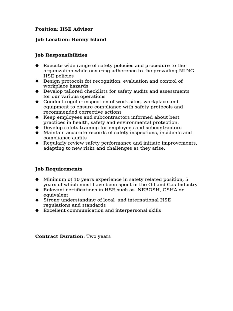 HSE Advisor Position in Oil & Gas | PDF