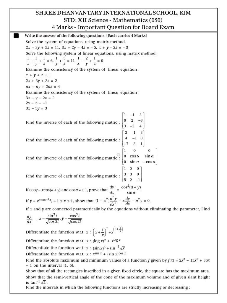 Important Math Questions for XII Science | PDF | Matrix (Mathematics ...