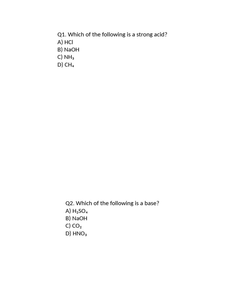 Chemistry Quiz: Acid, Base, and Reactions | PDF | Chemistry | Acid