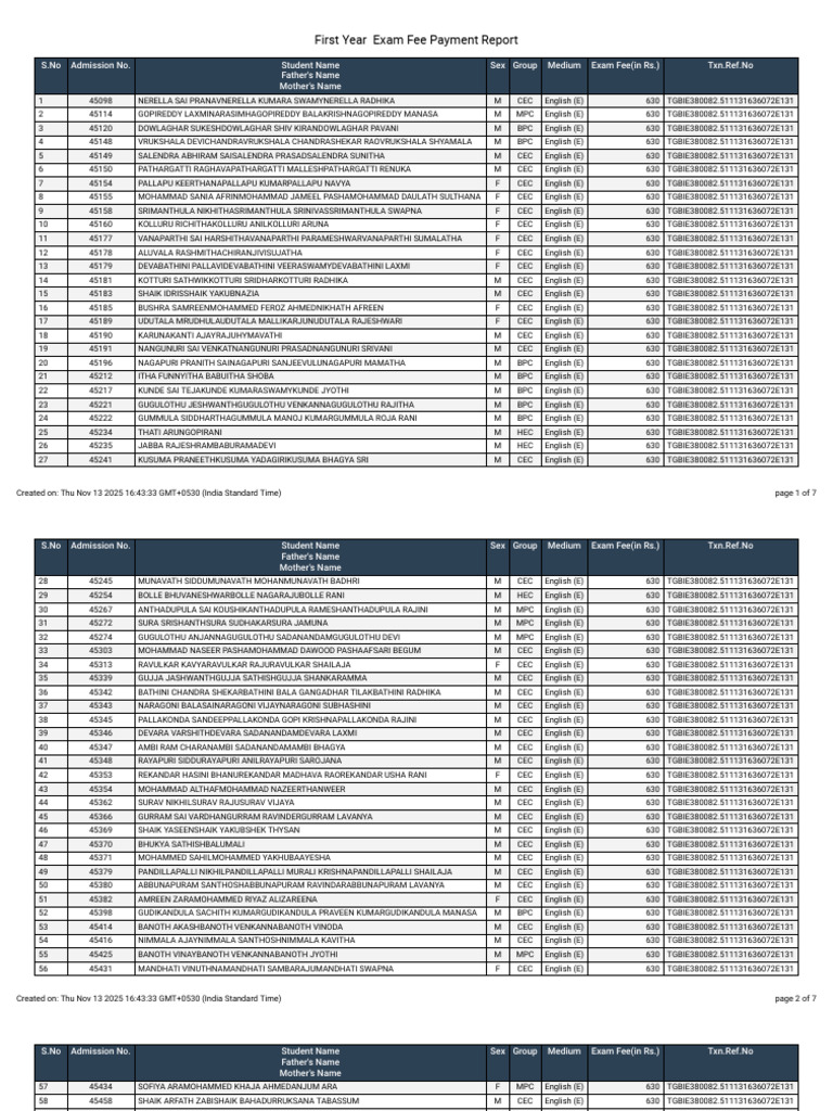 First Year Exam Fee Payment Summary | PDF