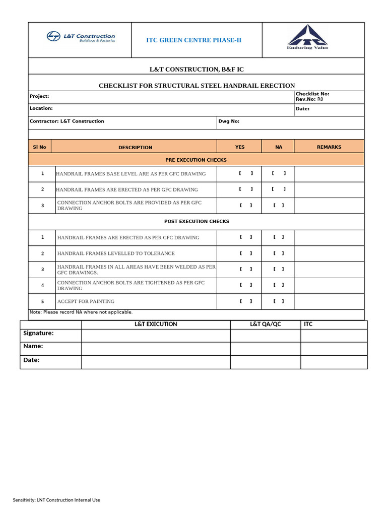 Structural Steel Handrail Erection Checklist | PDF