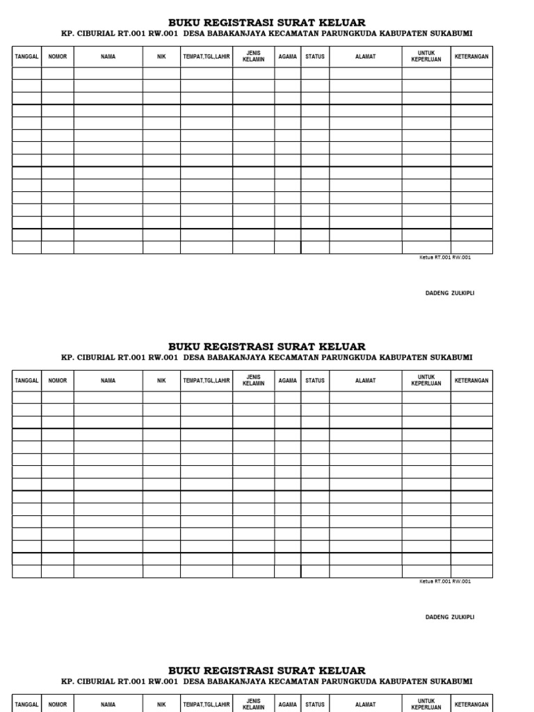 Buku Registrasi Surat Keluar RT 001 | PDF