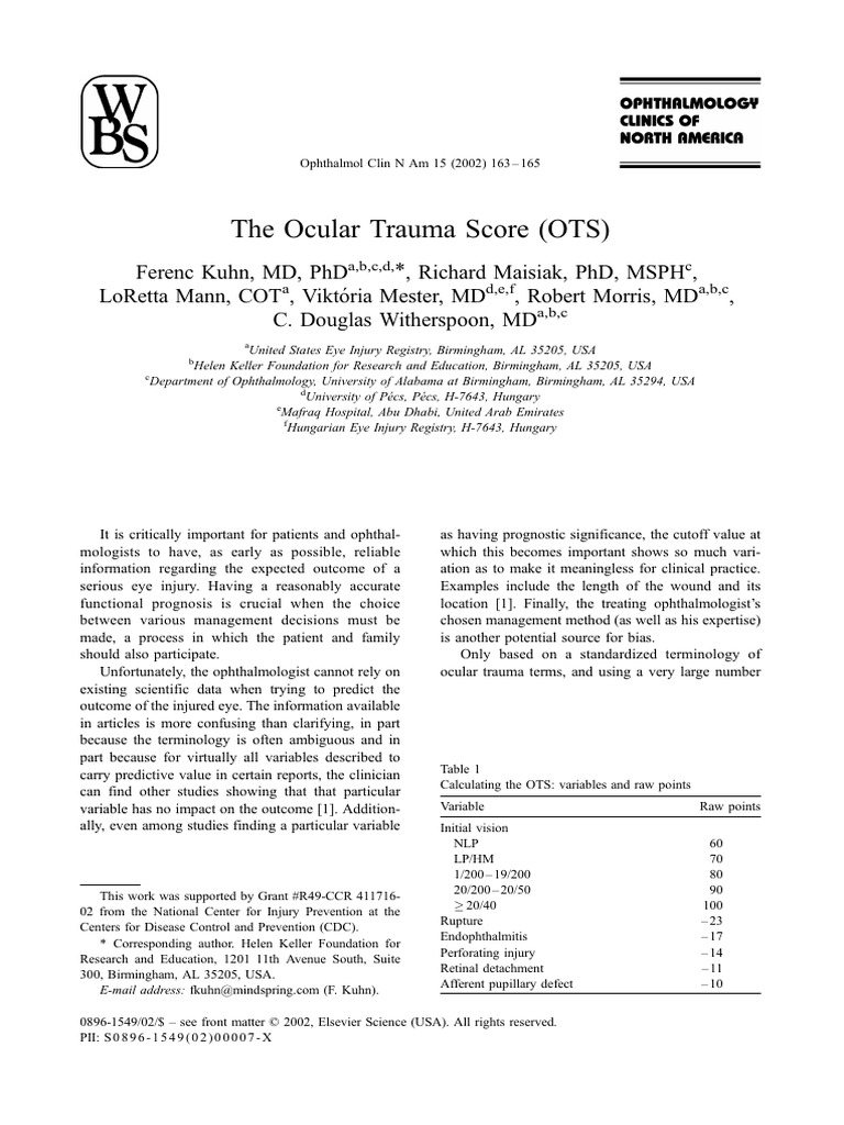 Ocular Trauma Score: Predicting Eye Injury Outcomes | PDF | Visual ...