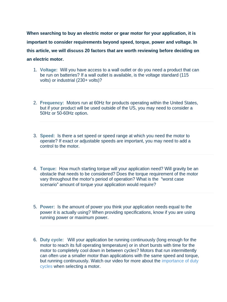 Factors to Be Consider While Selecting a Motor | PDF | Electric Motor ...