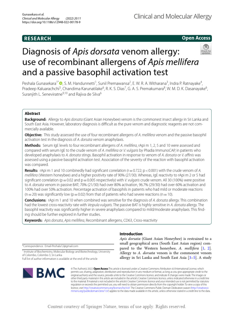 Diagnosis of Apis Dorsata Venom Allergy | PDF | Allergy | Honey Bee