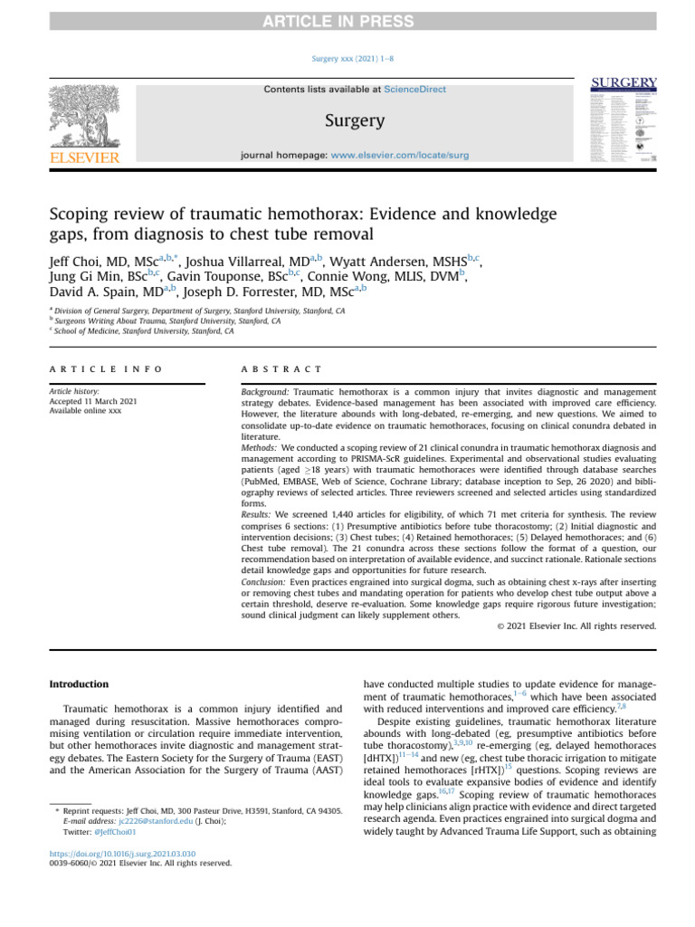 Scoping Review of Traumatic Hemothorax Evidence and Knowledge | PDF ...