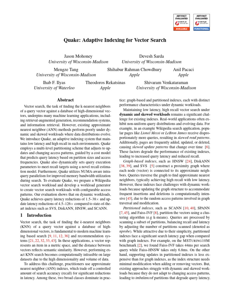 Quake: Adaptive Vector Search Indexing | PDF | Databases | Cluster Analysis