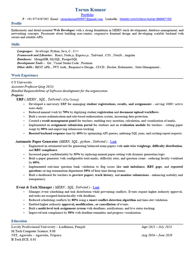 Tarun Kumar Web Developer Resume 2025 New | PDF | Computing | Software ...