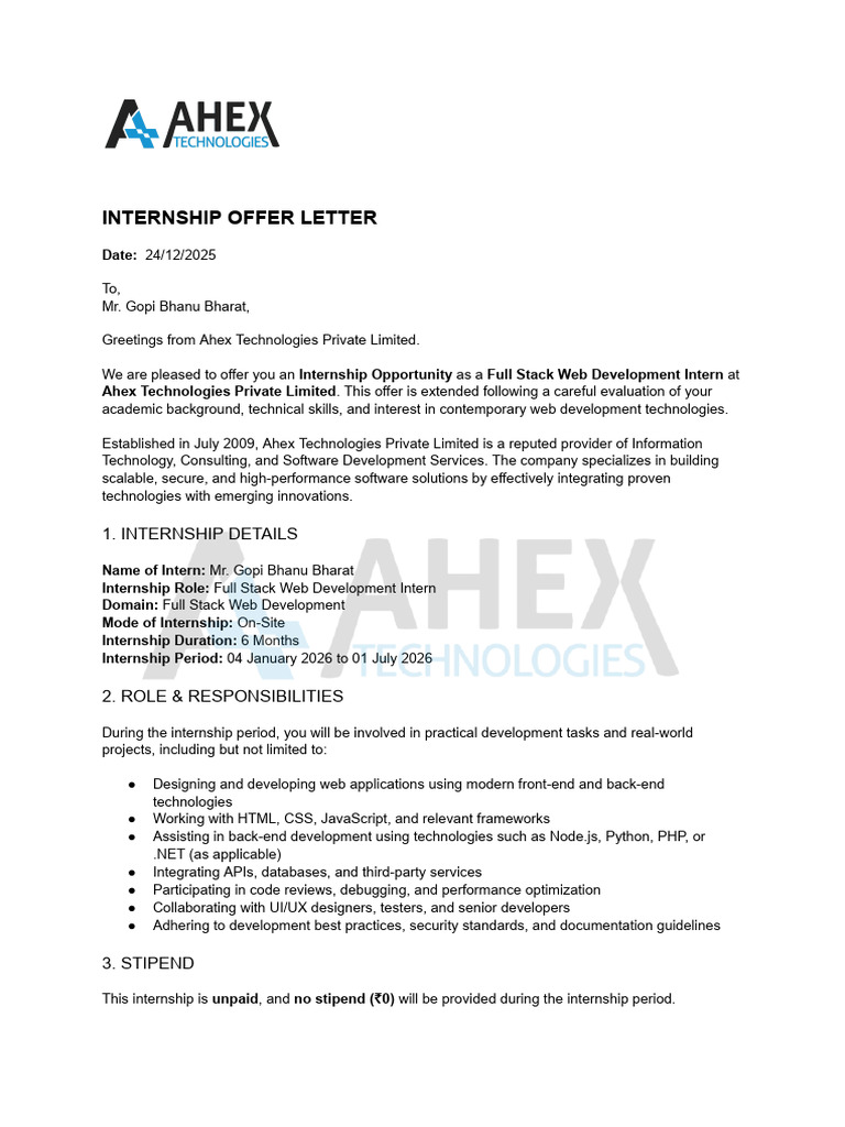 Internship Offer: Full Stack Developer | PDF | Web Development ...