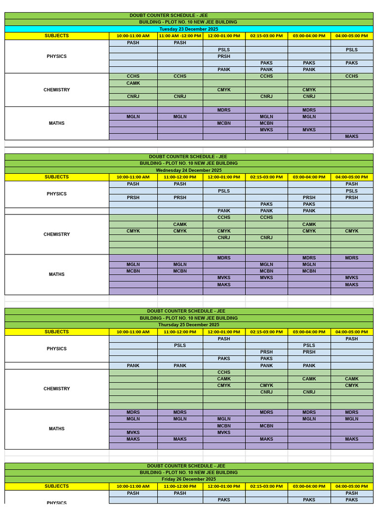 JEE Doubt Counter Schedule 2025 | PDF