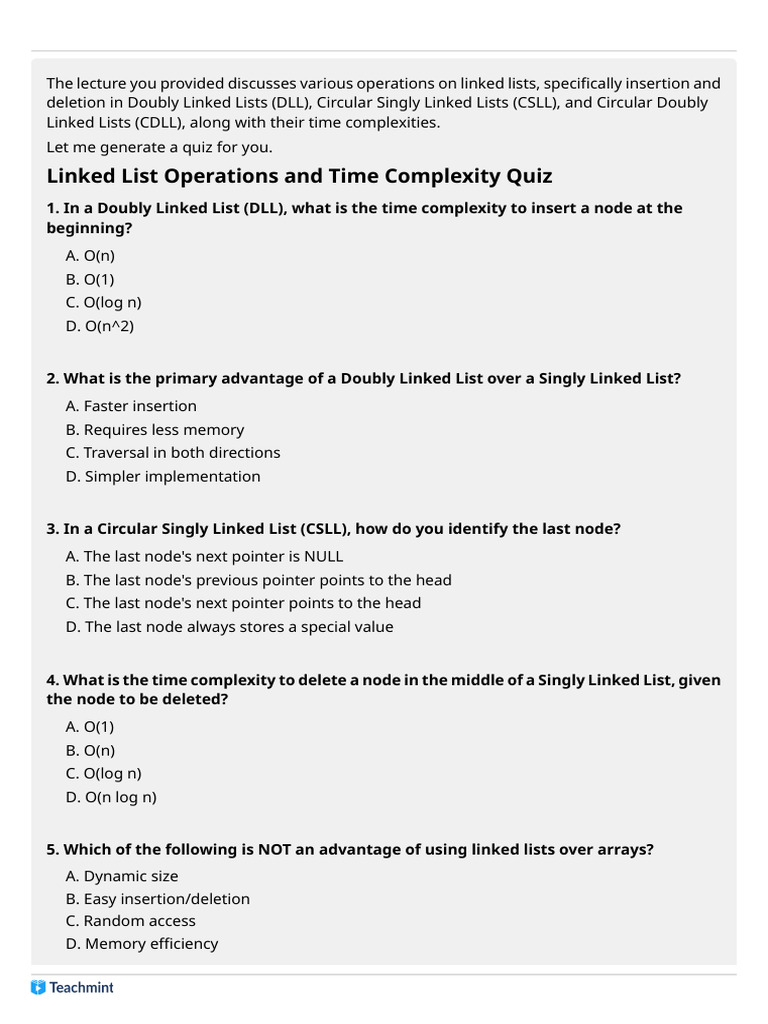 Linked List Operations Quiz | PDF | Pointer (Computer Programming ...