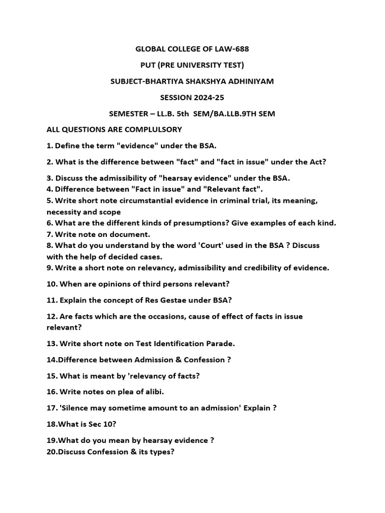 BSA Evidence Law Exam Questions 2024-25 | PDF | Evidence (Law) | Public Law