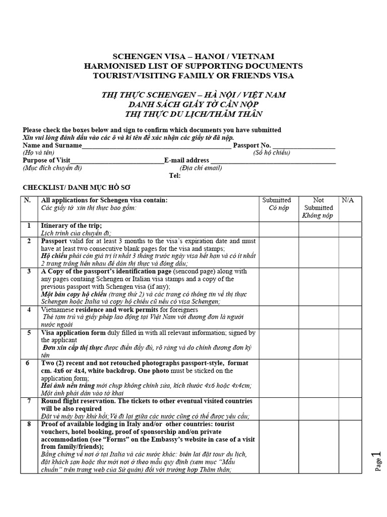Tourist Visiting Family and Friend Checklist Italy Vac Hanoi | PDF