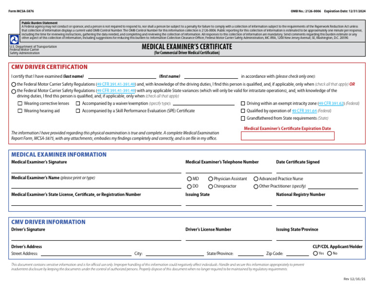 Medical Examiner's Certificate for CDL | PDF
