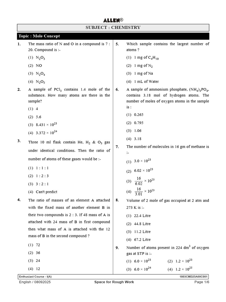 Chemistry Mole Concept Practice Questions | PDF | Molecules | Mole (Unit)