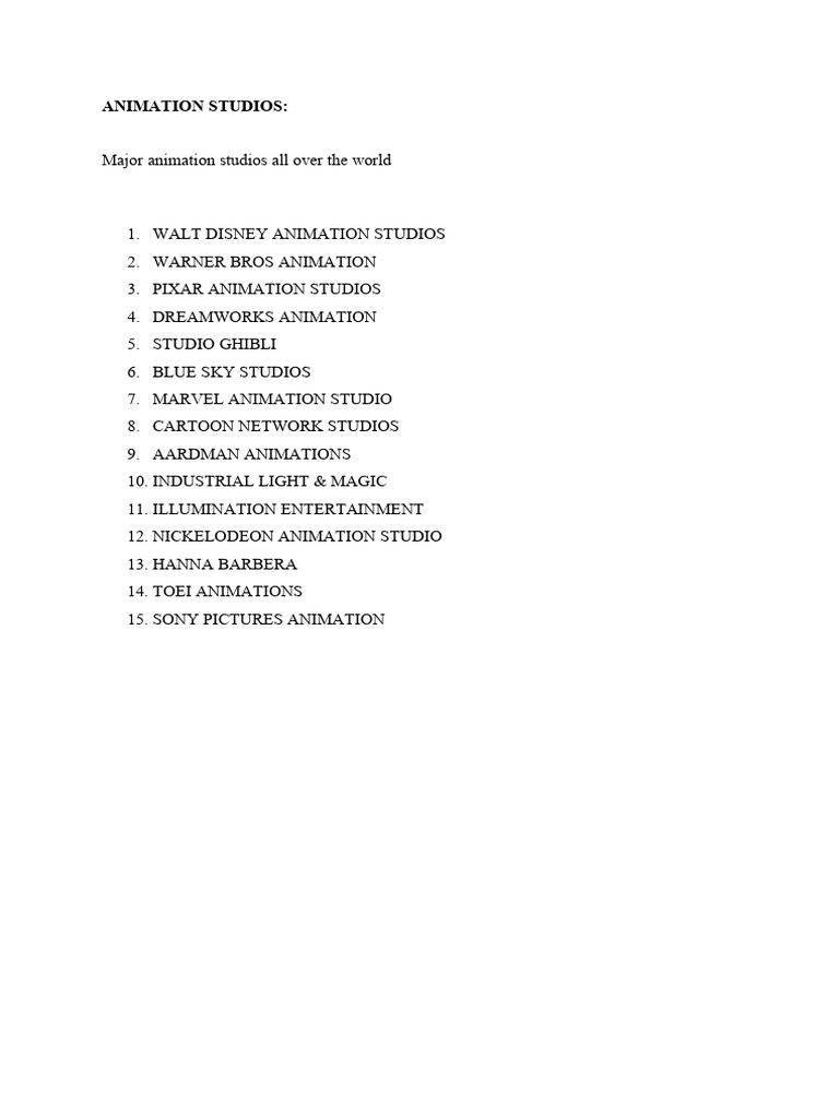 Top Global Animation Studios List | PDF