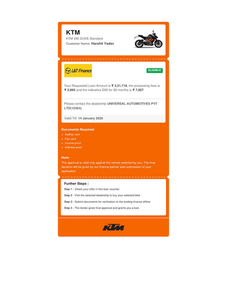 KTM 390 Duke Loan Offer Details | PDF