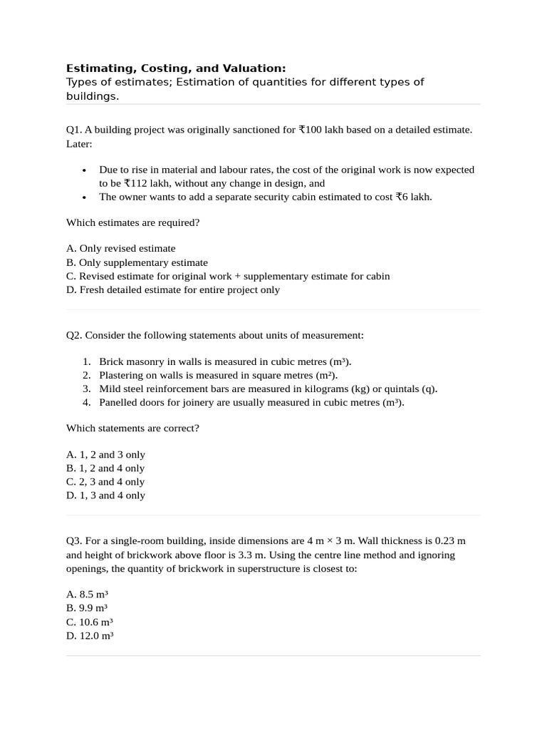 Questions Set2 (Estimation) | PDF | Wall | Architectural Elements