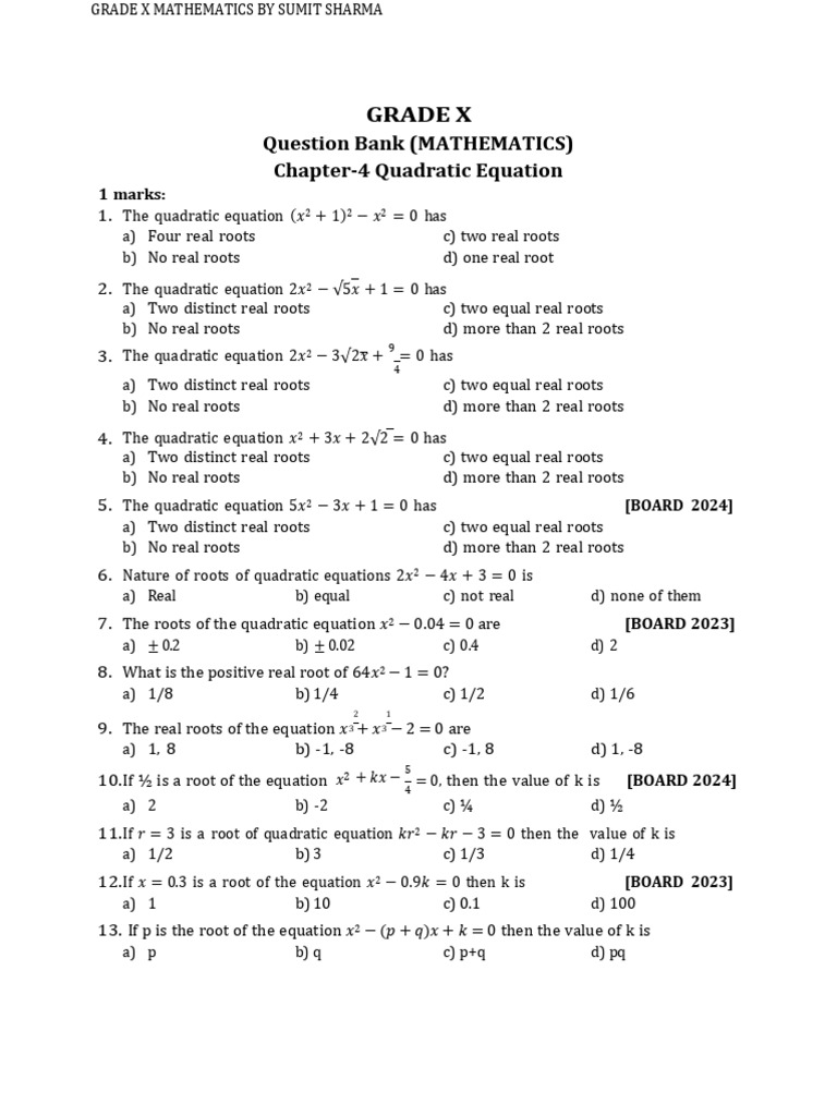 Grade X Quadratic Equation Question Bank | PDF | Quadratic Equation ...