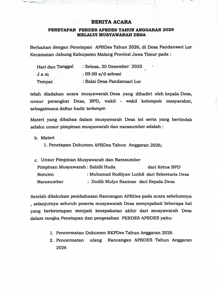 Ba Penetapan Apbdes t.a 2026 | PDF