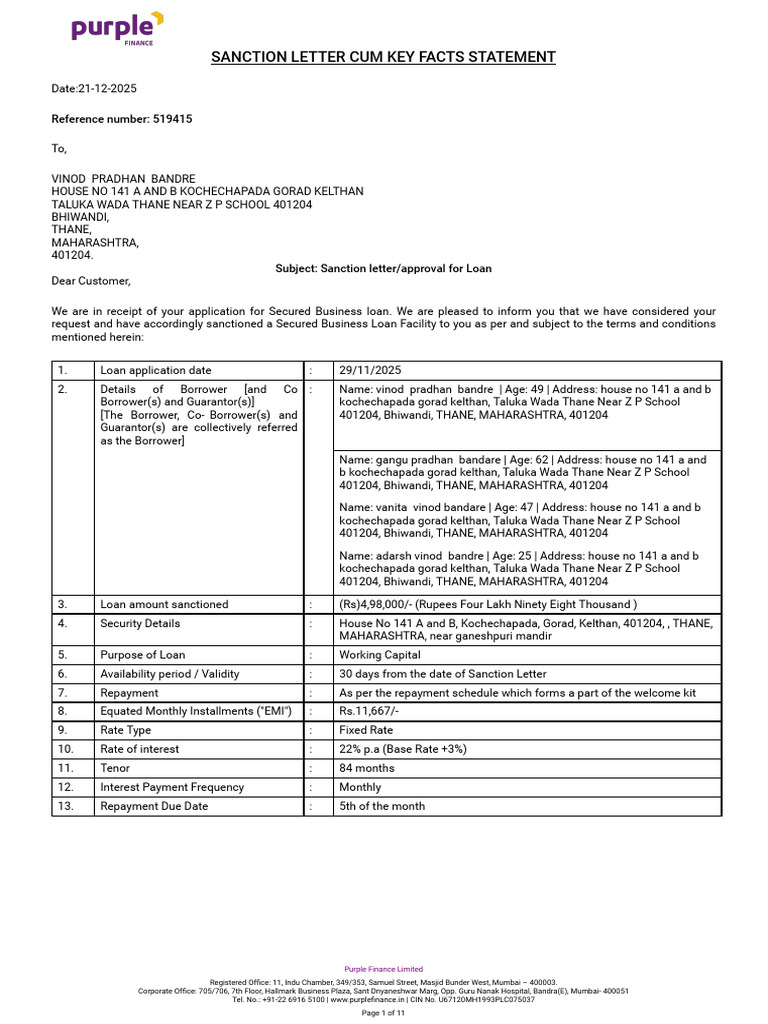 Secured Business Loan Sanction Letter | PDF | Credit | Finance & Money ...