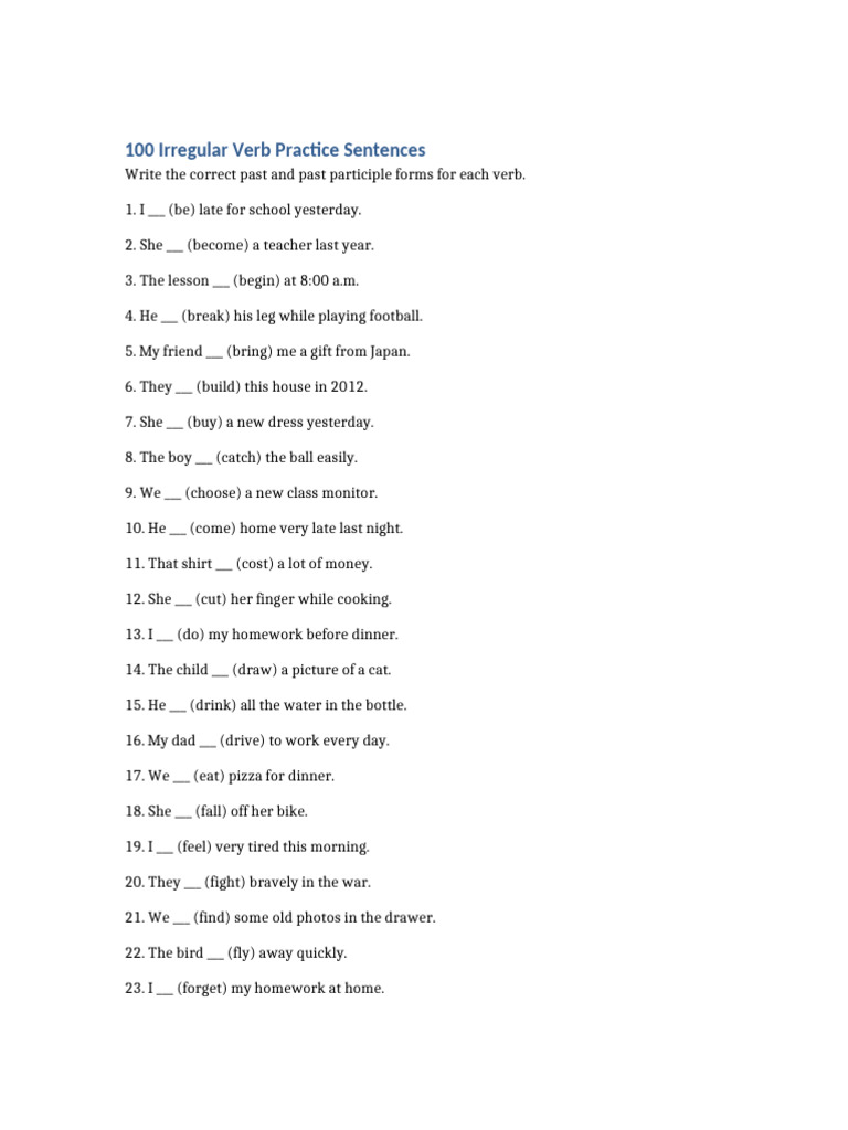 100 Irregular Verb Practice Sentences | PDF