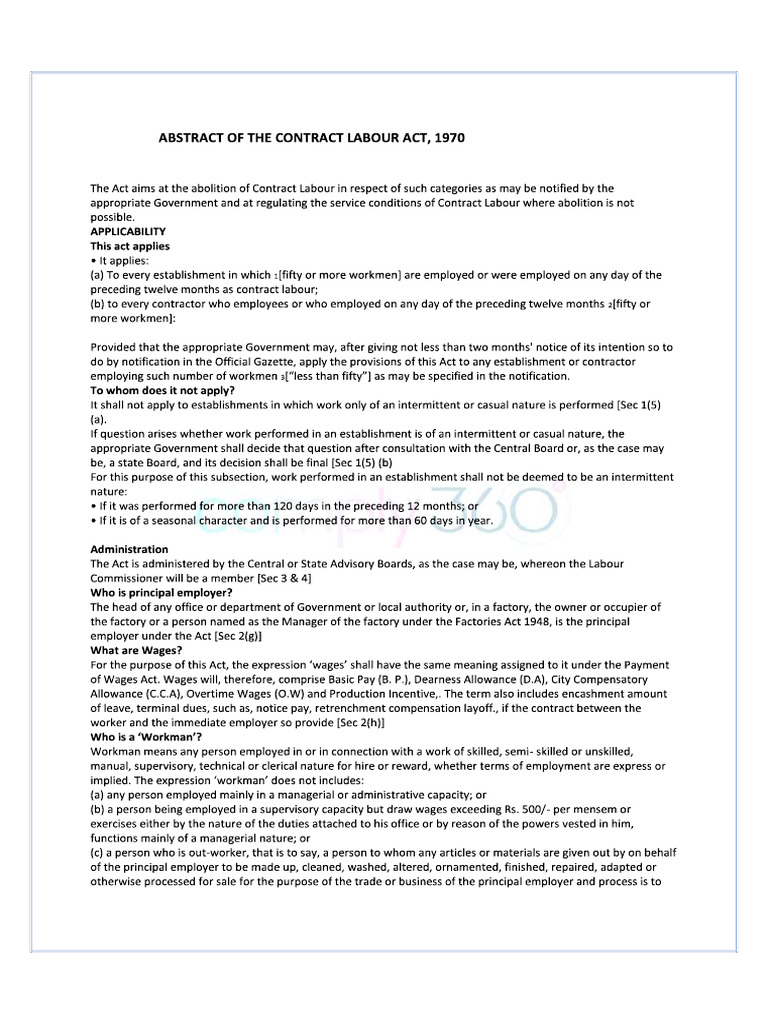 Abstract of the Contract Labour Act 1970 1 | PDF
