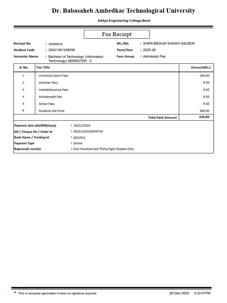 Fee Receipt for B.Tech Semester 5 | PDF