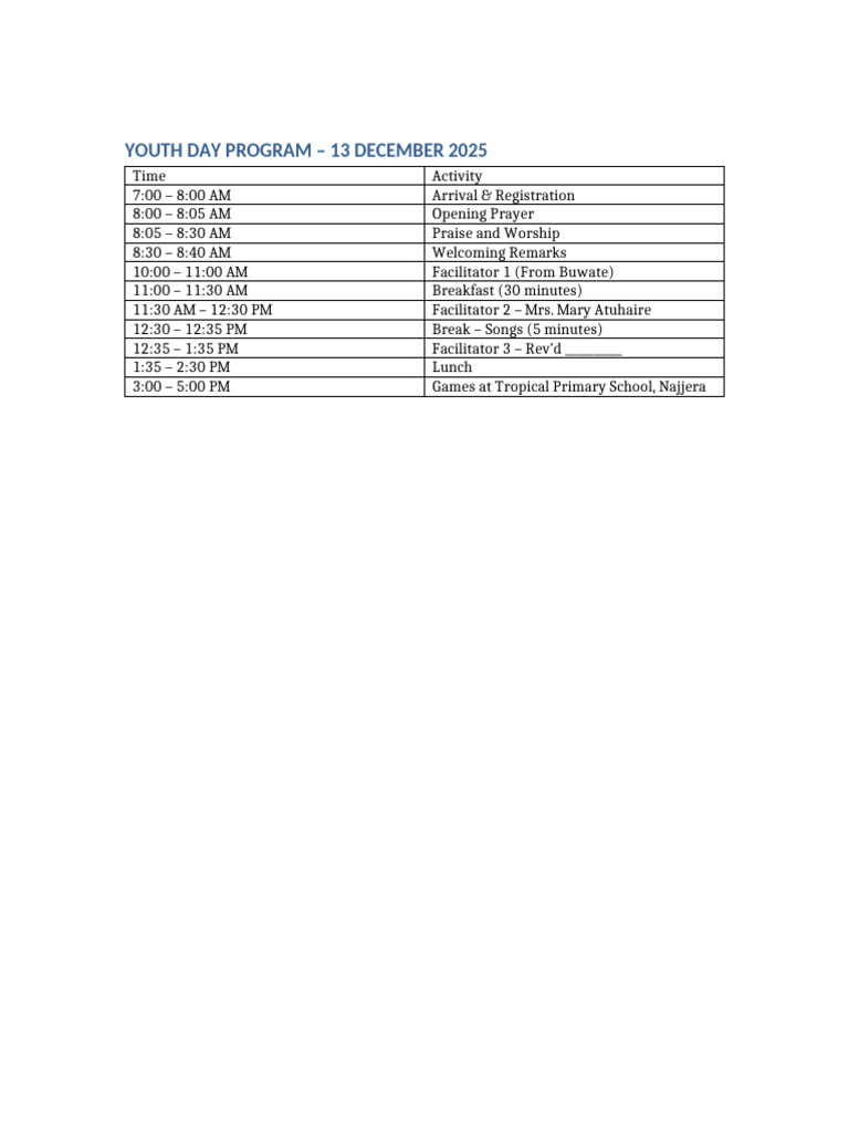 Youth Day Program Table Updated | PDF