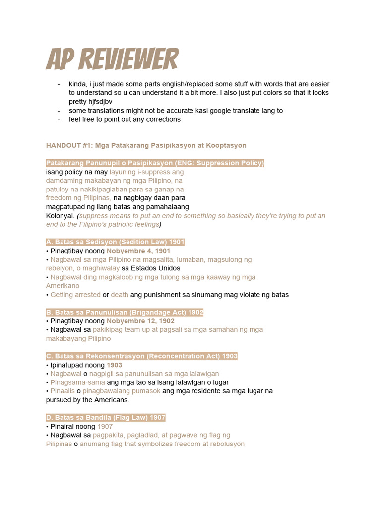 AP HANDOUTS TAGLISH VER. | PDF