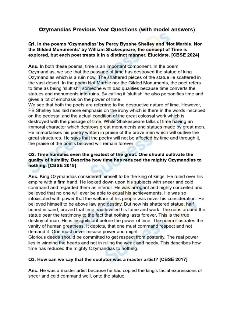 Ozymandias Previous Year Questions | PDF | Poetry