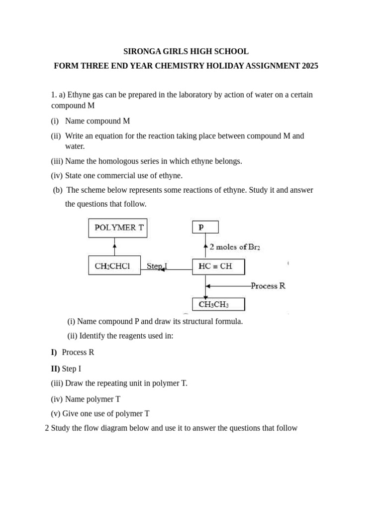 Form 3 End Year Chemistry Assignment 2025 | PDF | Chemical Reactions ...