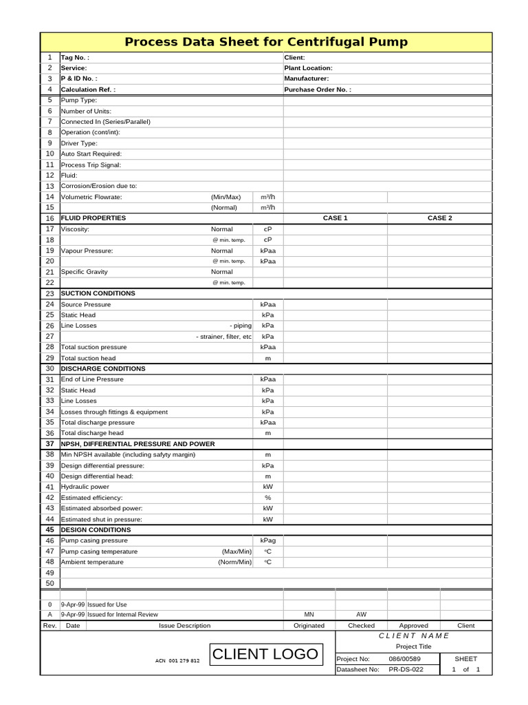 Centrifugal Pump Process Data Sheet | PDF | Pump | Pressure