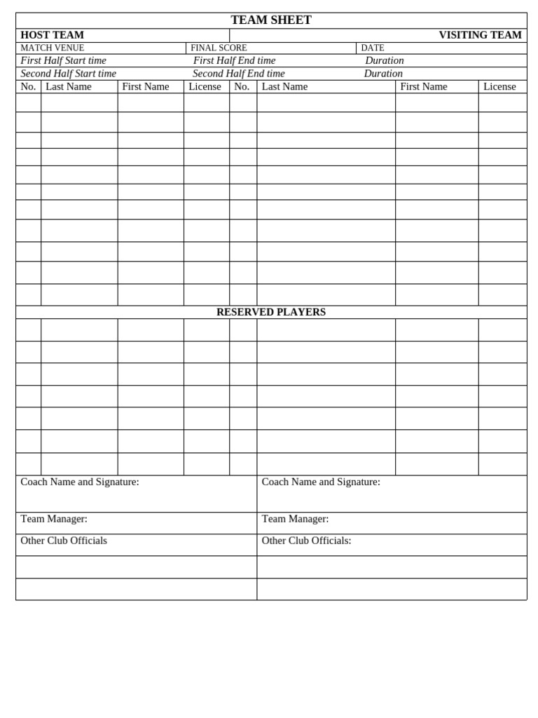 Match Team Sheet Template | PDF